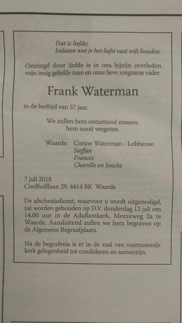 Overlijden Frank Waterman – Voetbalvereniging SC Waarde